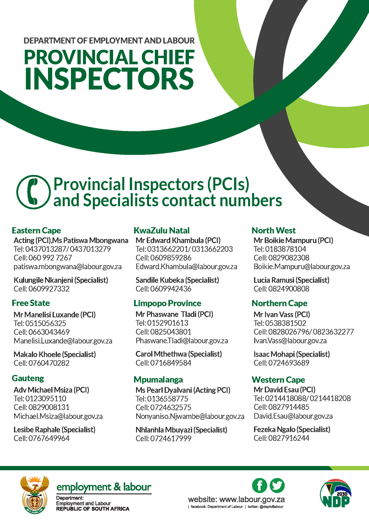 Provincial Inspectors (PCIs) and Specialists contact numbers - Labour ...
